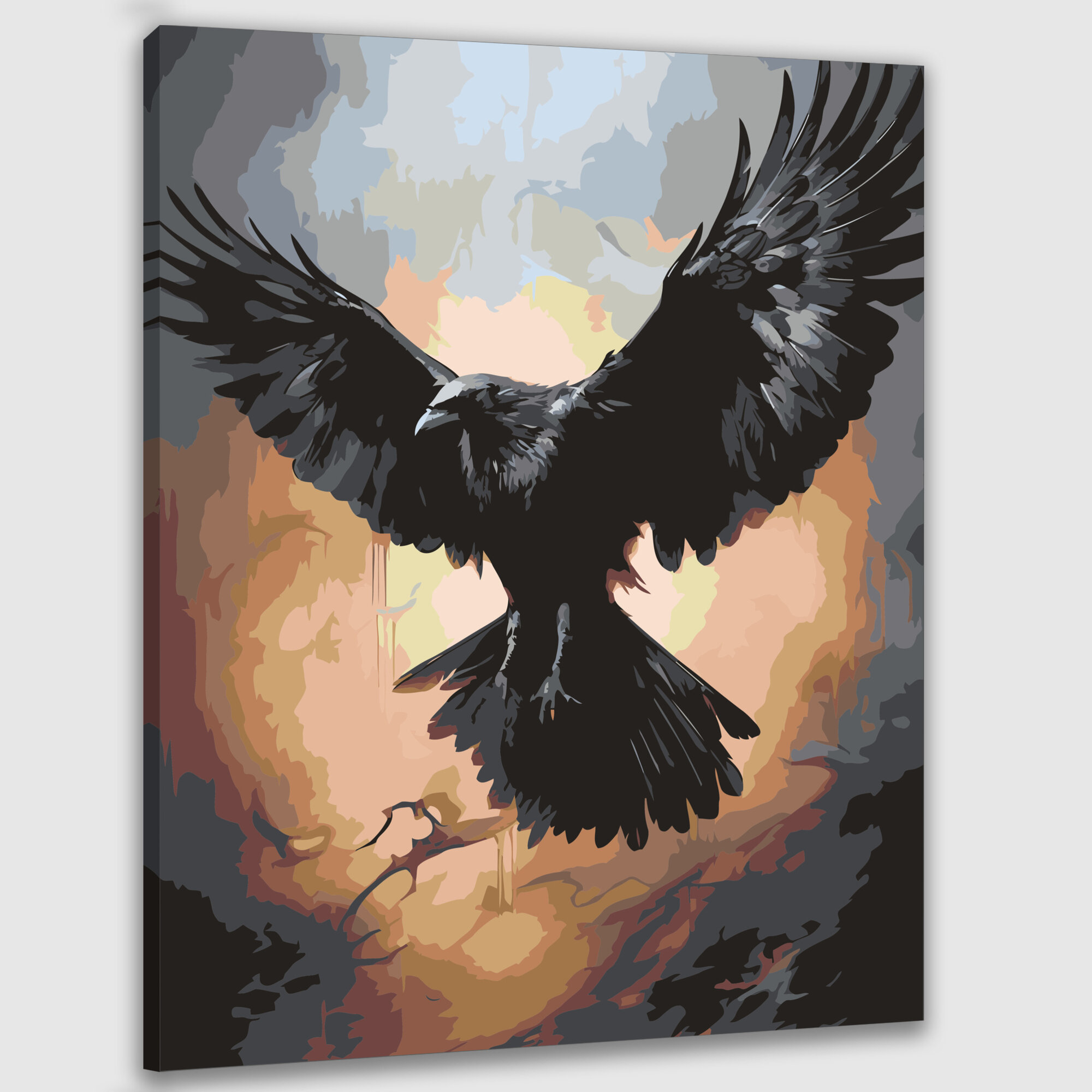 Картина по номерам 40x50 см, ворона, грозовое небо, черные перья, дождевые капли, динамичная поза, полет