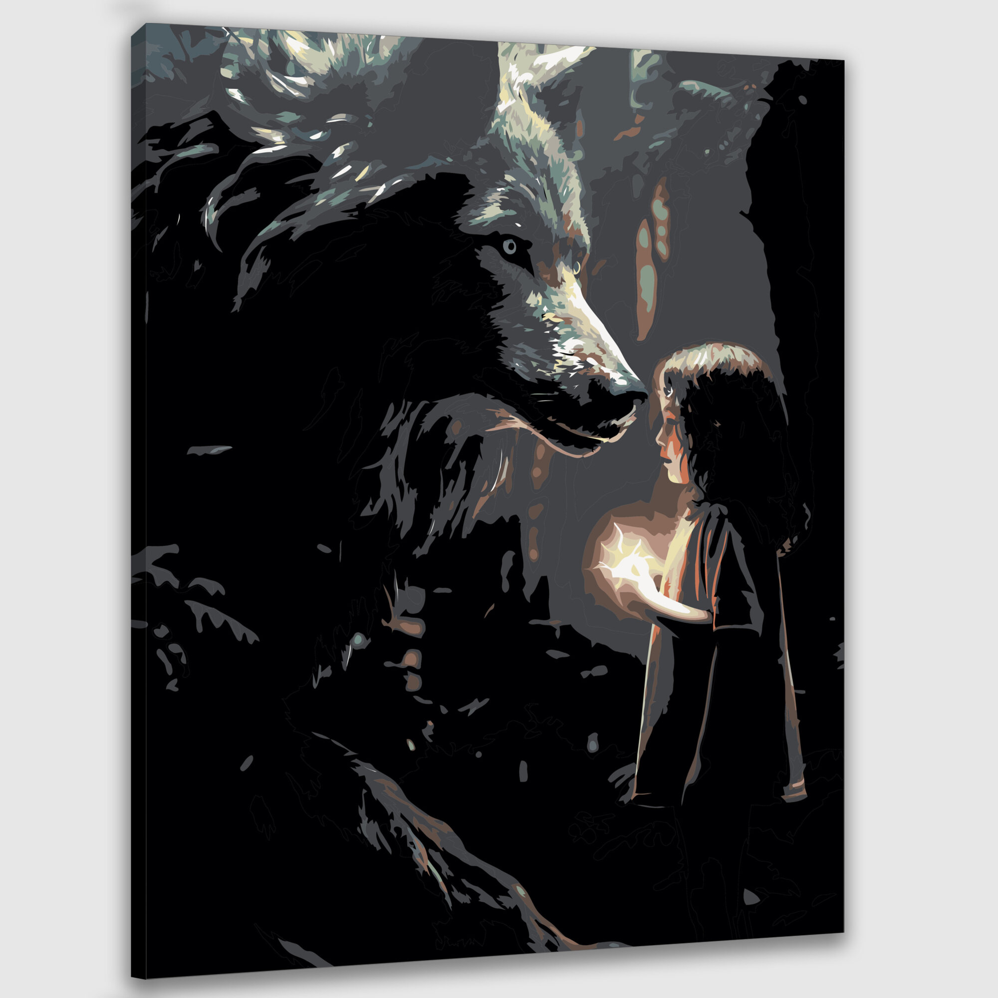 Картина по номерам 40x50 см, цифровое произведение иск, "Путь волка", мистический дух волка, молодая девушка, лес