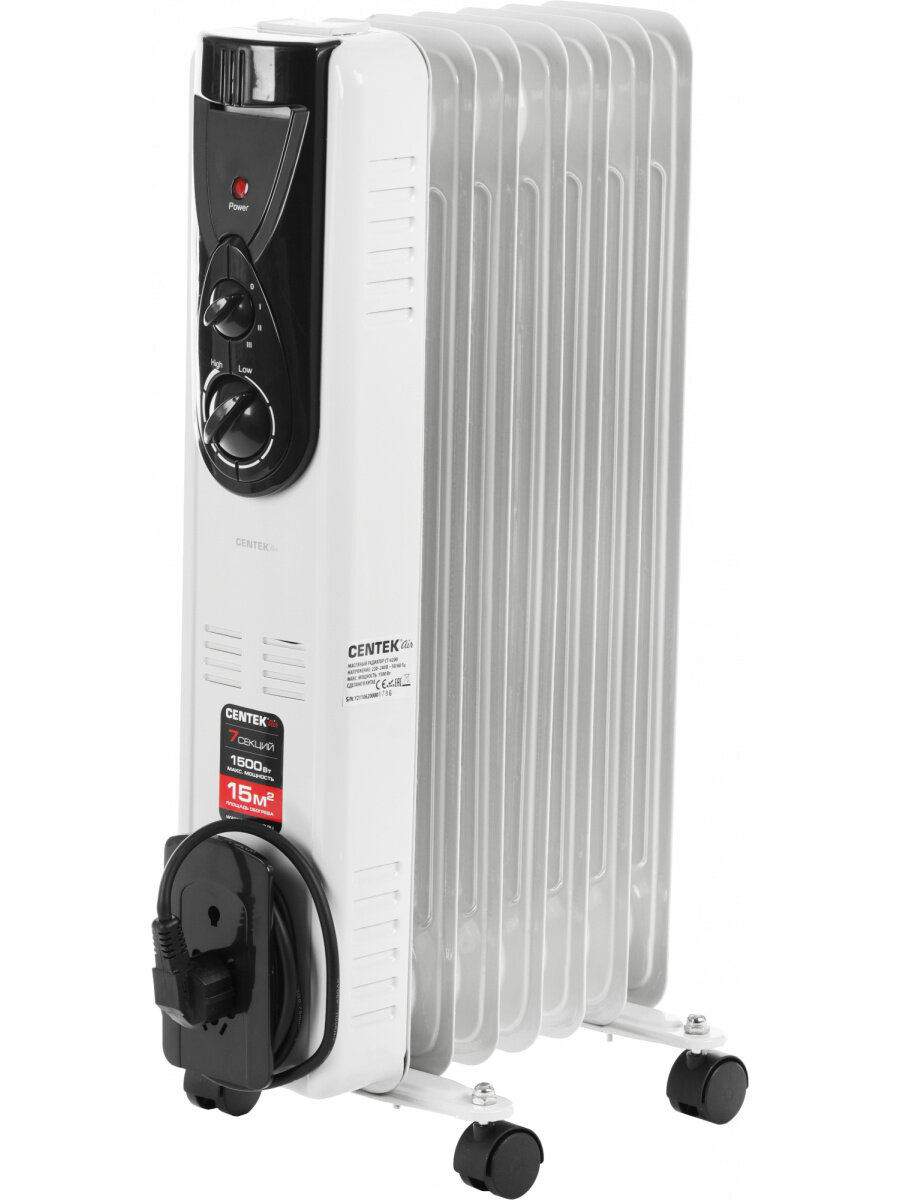 Масляный радиатор CENTEK CT-6200, 1500Вт, 7 секций, 3 режима, площадь обогрева до 15 м², механический, белый