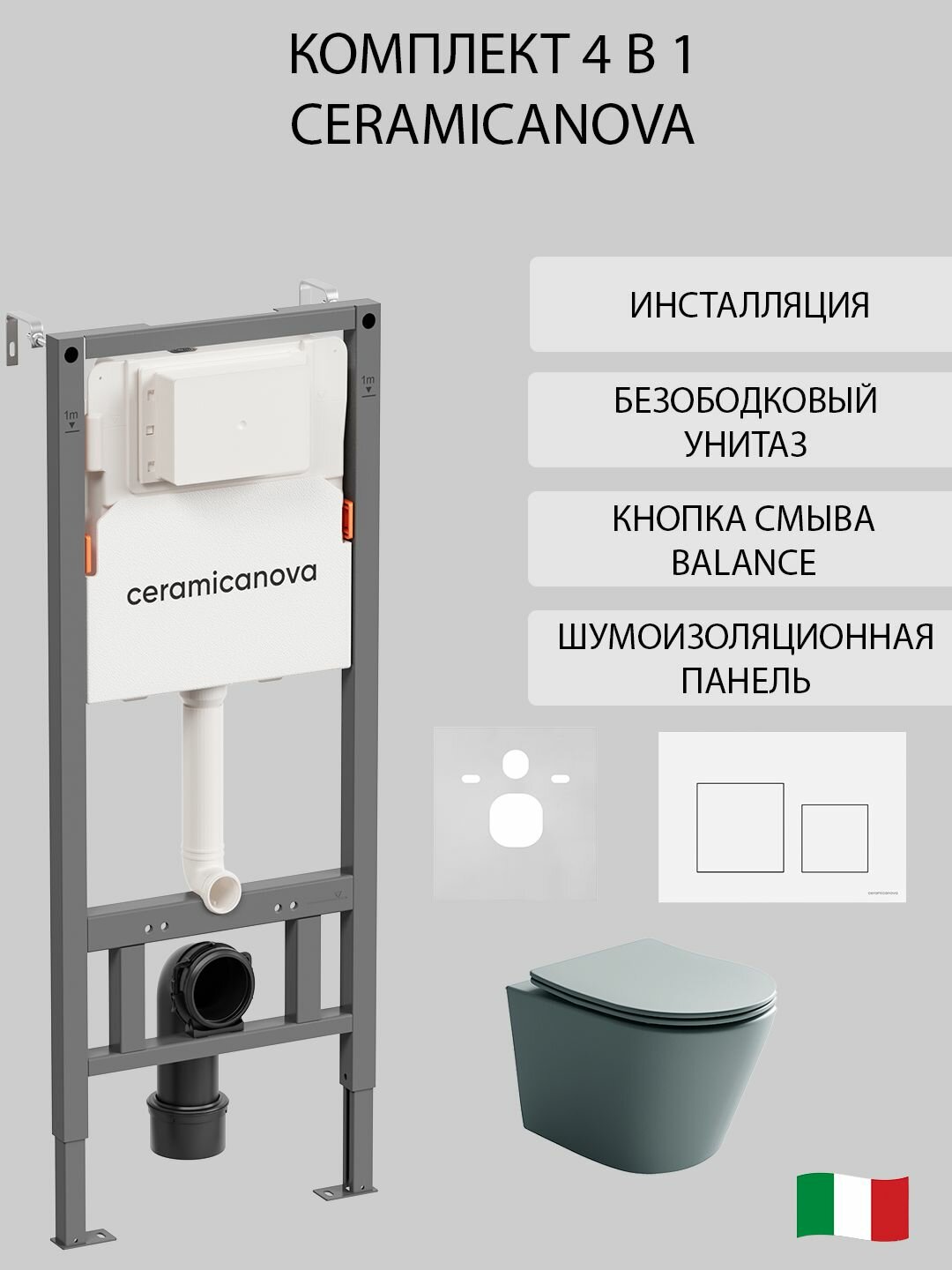 Комплект 4 в 1 Ceramicanova инсталляция с унитазом Balearica, с квадратной кнопкой Balance белый глянец