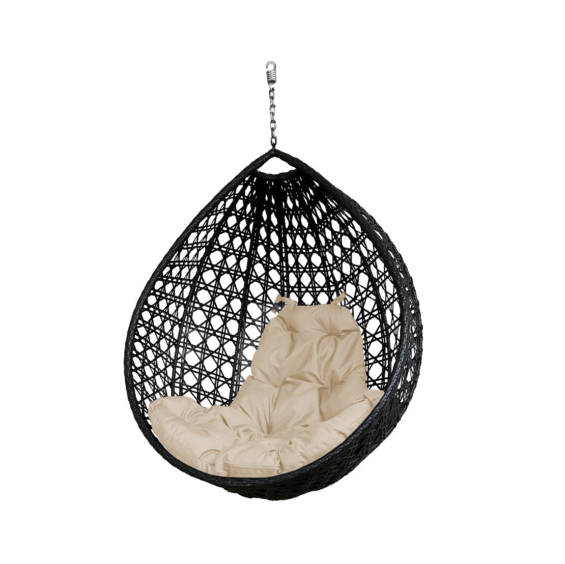 Подвесное кресло капля люкс (без стойки), с ротангом черное, бежевая подушка