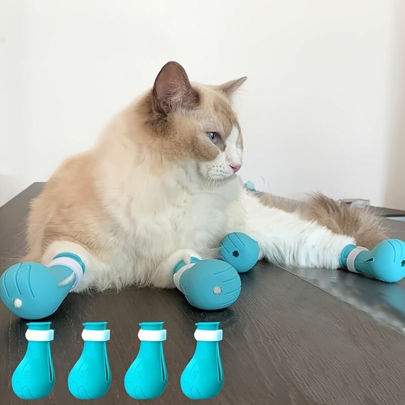 4 шт. Регулируемые Защитные Бахилы для Кошачьих Лап - Мягкий Силикон, Купания, Бритья, Инъекций и Чистки Ушей - Защита от Царапин и Ударов для Ухода за Кошками,