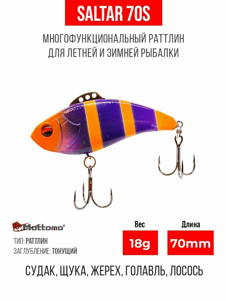 Воблер для рыбалки Mottomo Saltar 70S 18g Violet Orange, раттлин тонущий для спиннинга. Приманка на щуку, форель, судака