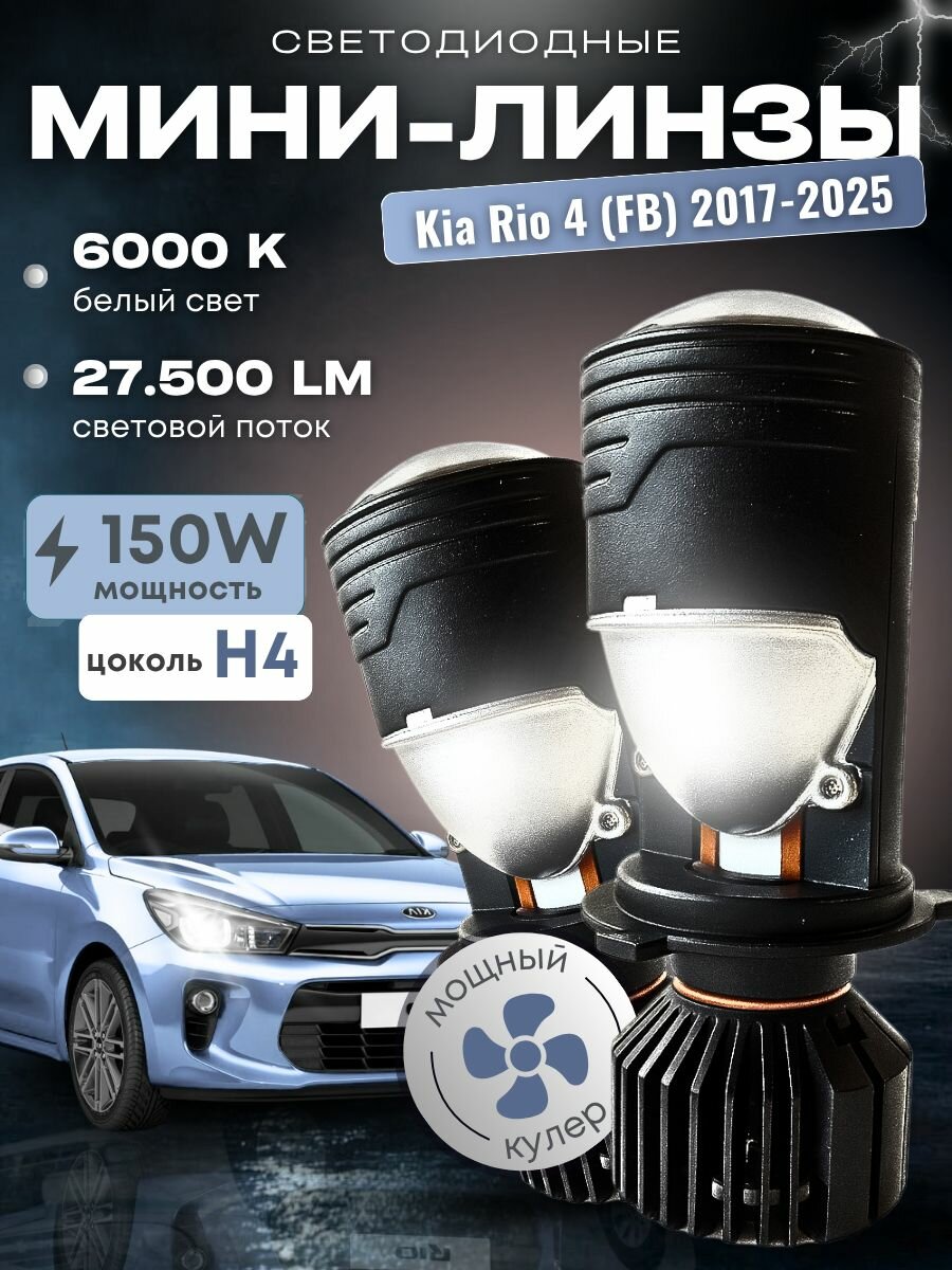 Светодиодные мини линзы H4 LED в фары Kia Rio 4 (FB) 2017-2025 г. в, Н4 лед лампы c линзой H4 для Киа Рио 4