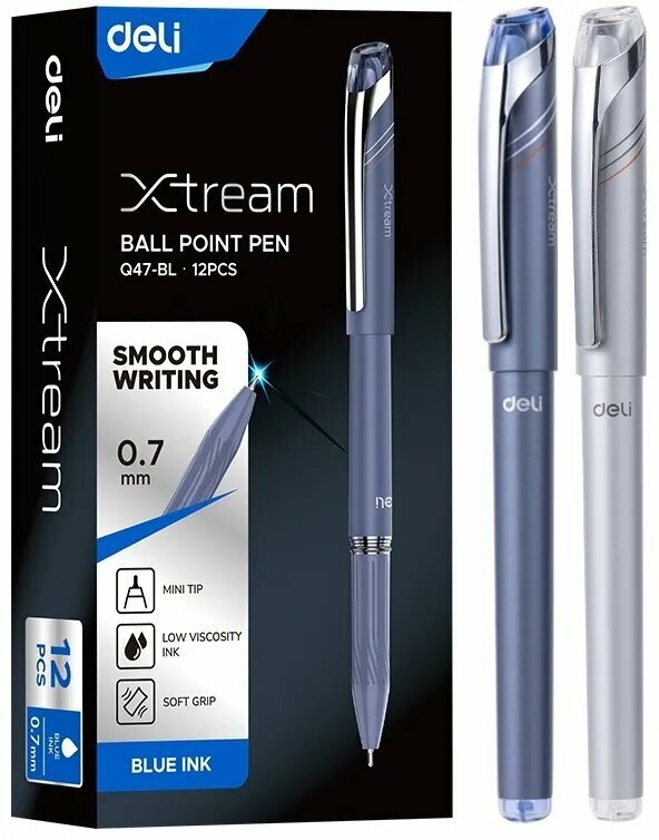 Ручка шариков. Deli Xtream (EQ47-BL) d=0.7мм син. черн. карт. уп. игловидный пиш. наконечник резин. м