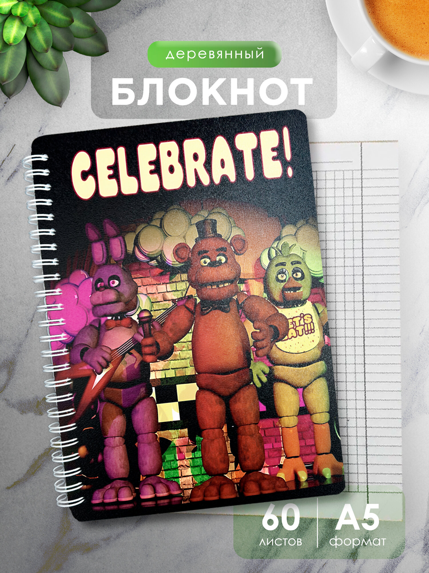 Блокнот деревянный Wood-Book с принтом для записей Пять ночей с Фредди celebrate