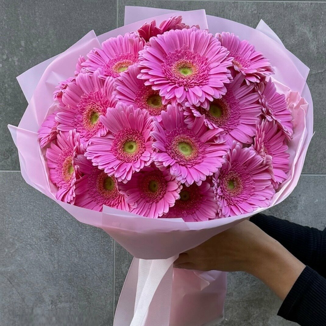 Букет из розовых гербер 19 шт, красивый букет цветов, шикарный, премиум цветы, премиум букет