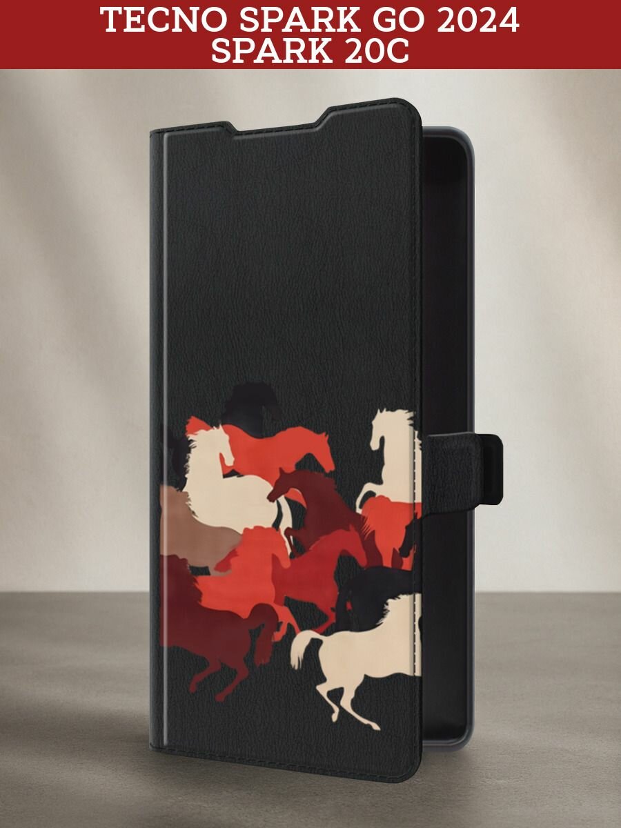 Чехол-книжка на Tecno Spark Go 2024/Spark 20C / Текно Спарк Го 2024/Спарк 20C с рисунком Табун коней, черный