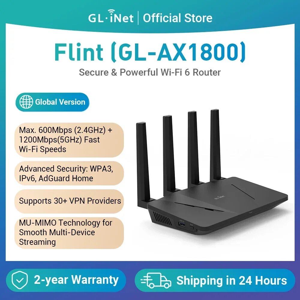 Маршрутизатор GL-iNet Flint GL-AX1800, 4 LAN-порта, 1 WAN-порт