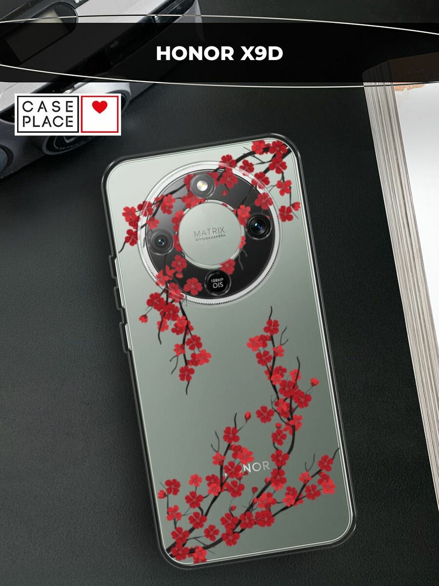 Чехол на Honor X9d / Хонор X9d с принтом красная сакура, прозрачный