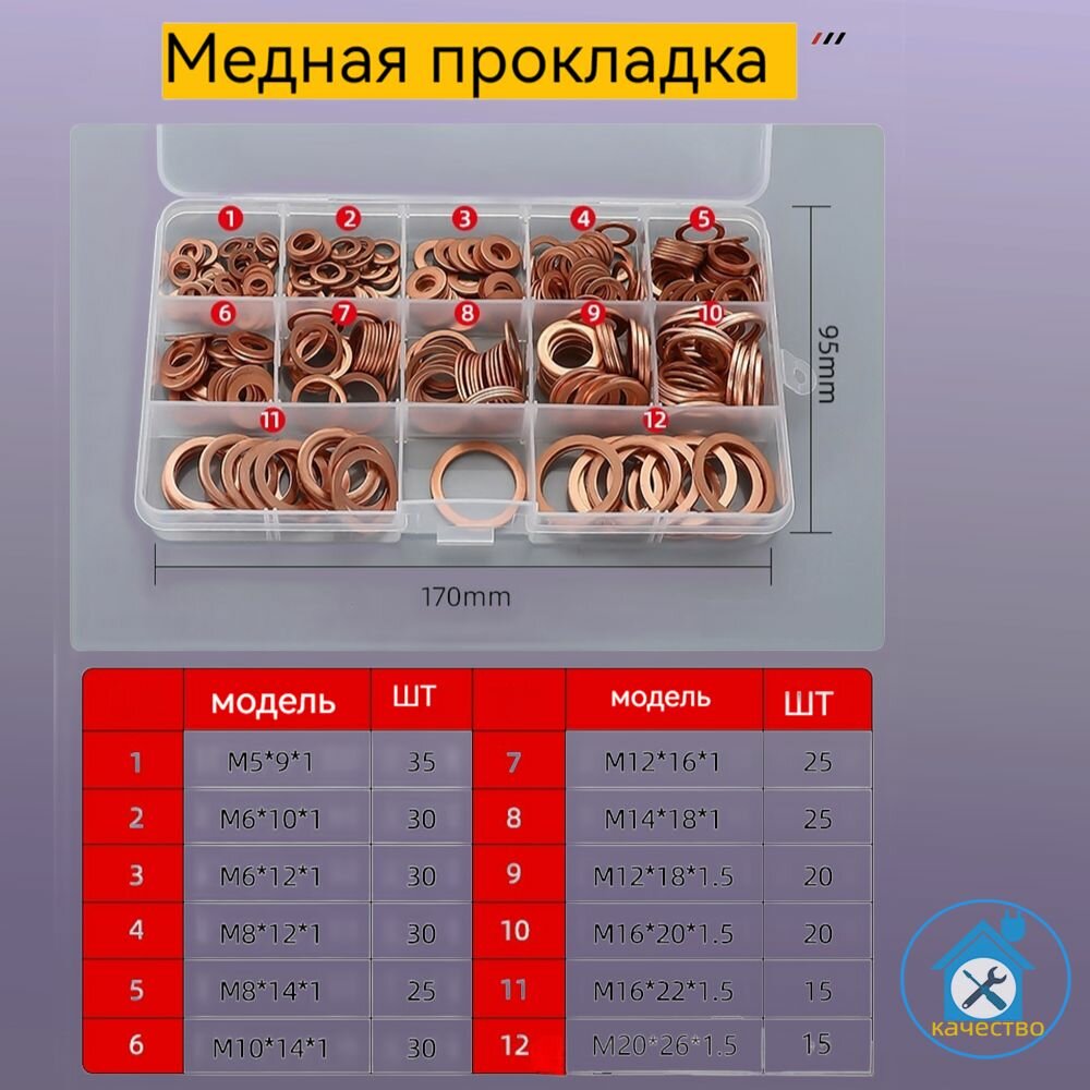 Набор медных шайб, медные уплотнительные кольца набор, 300 шт