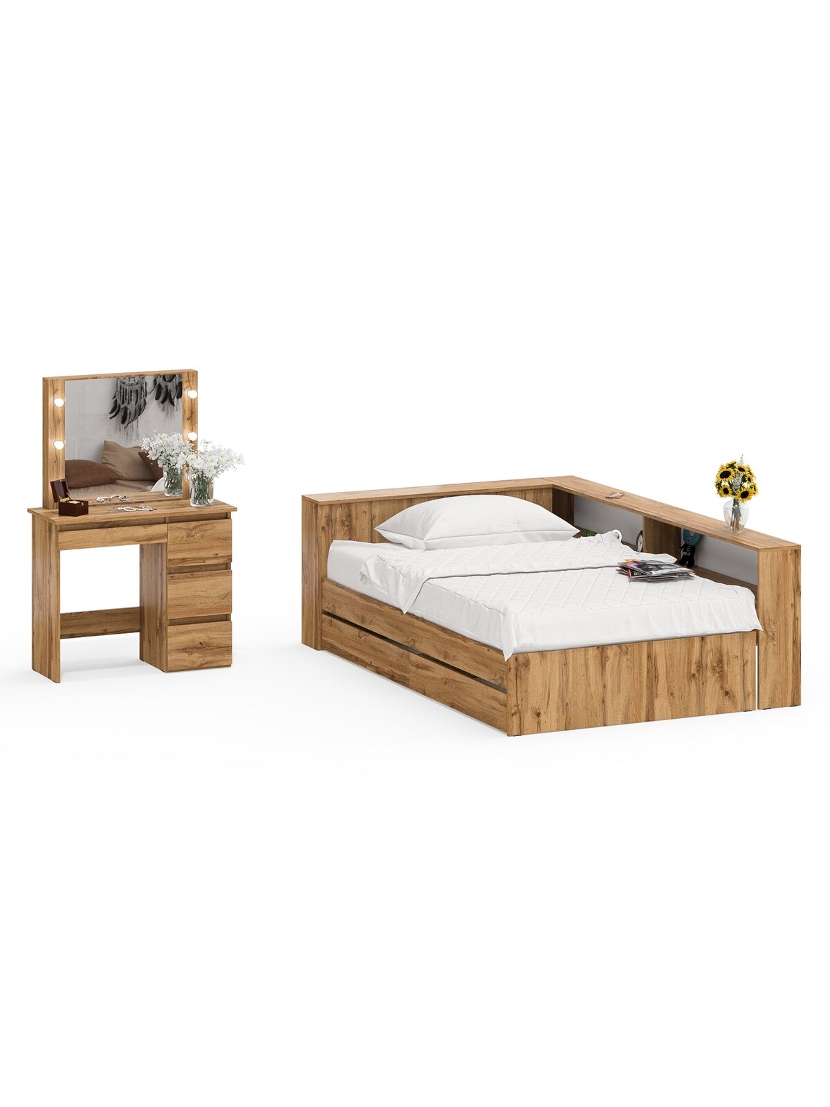 Кровать с прикроватным блоком с ящиками Ксения 1200 и столик с подсветкой Сура, дуб вотан, сп. м. 1200х2000 мм.