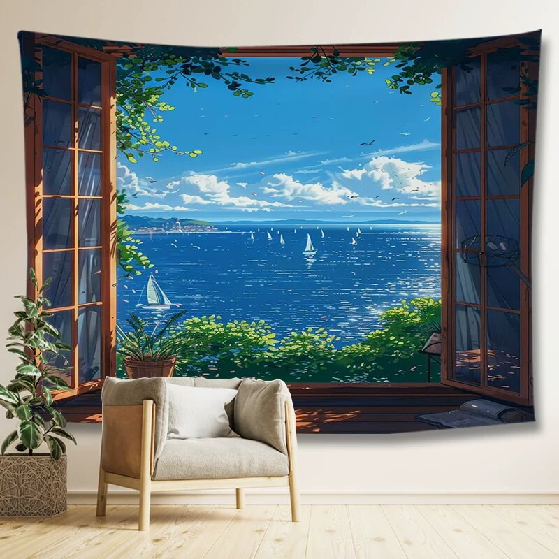 Ткань с изображением морского пейзажа, декоративная ткань в спокойном стиле, настенное покрытие для спальни, холст для