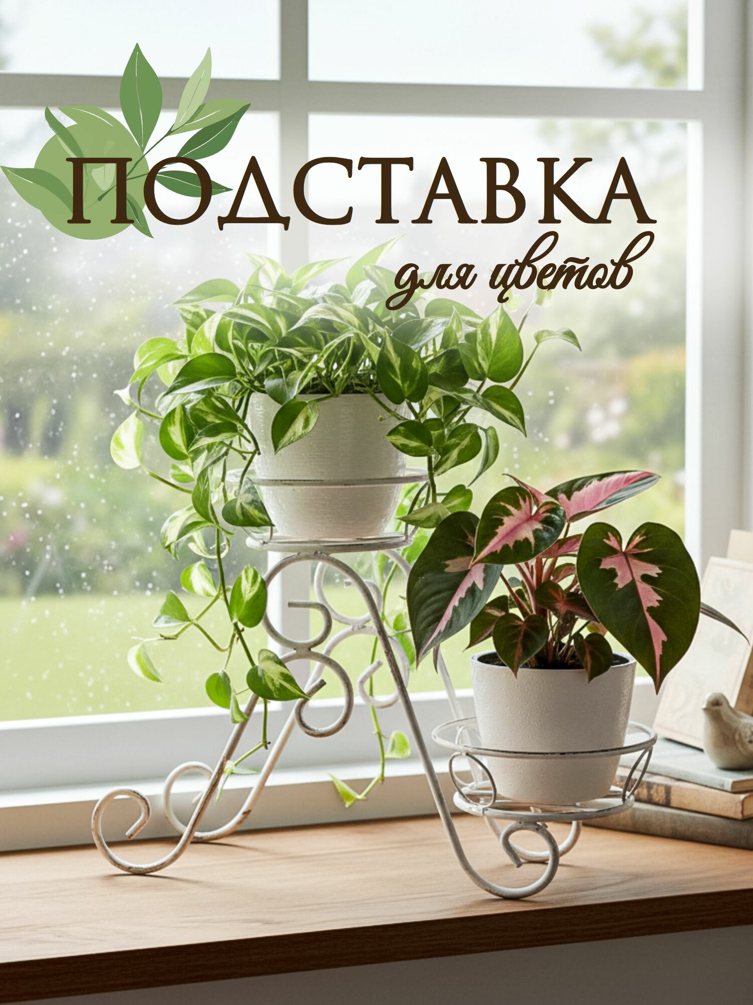 Металлическая подставка для цветов на подоконник, для 2 горшка, диаметр 19 см, белый бронзовый