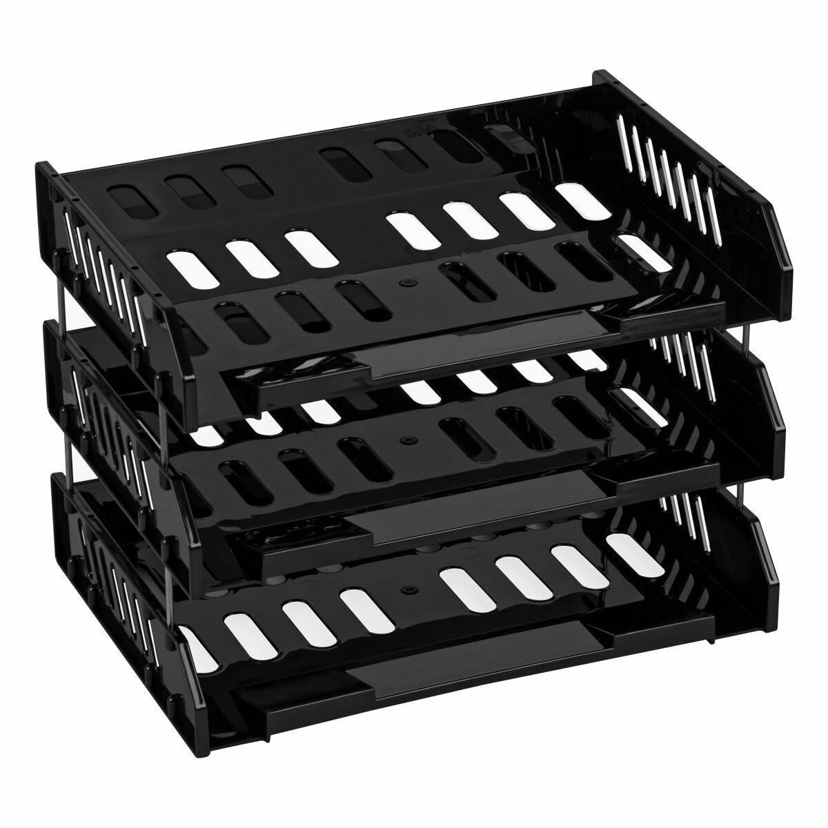 Лоток для бумаг горизонтальный СТАММ "Сити", набор 3шт, на мет. стержнях, широкая загрузка, черный