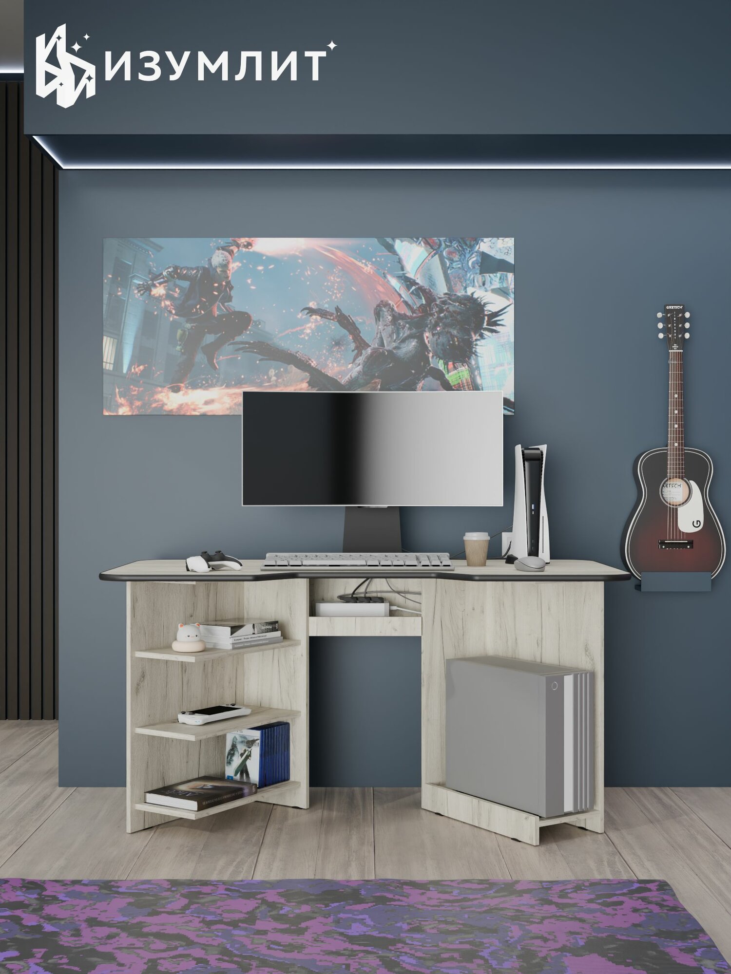 Изумлит Стол игровой компьютерный, прямой 150х80х77.4 см, дуб крафт белый-кромка черная