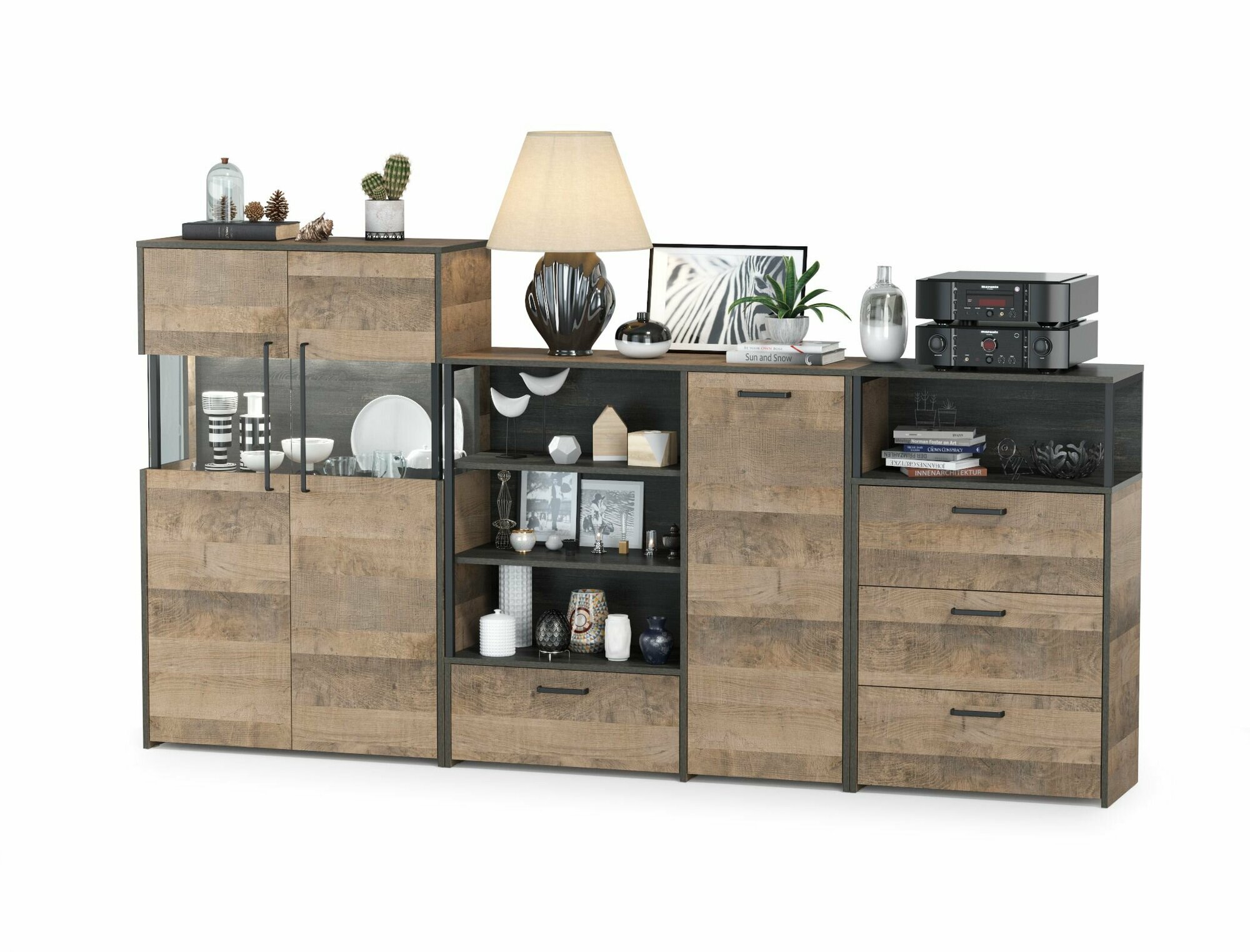 Трувор комод с ящиком и дверкой с комодом с витриной с подсветкой и комод с тремя ящиками, дуб гранж песочный/интра 60,8х7х5, см.