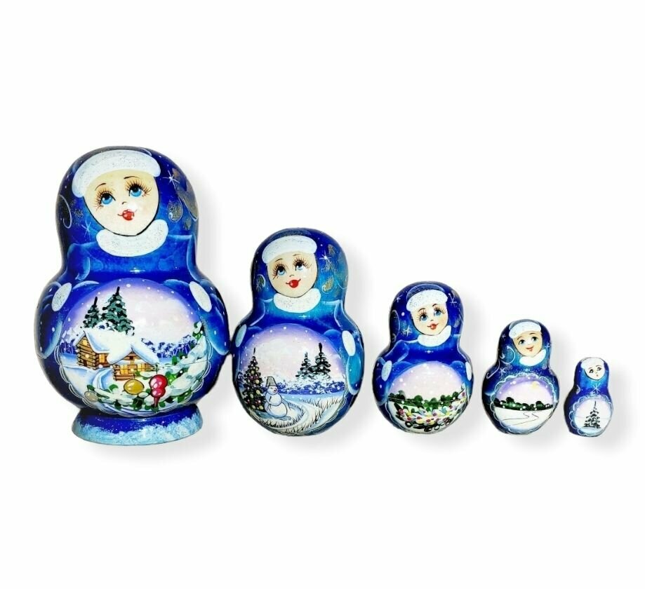 Матрешка авторская "Новогодняя" 5 в 1 синяя; Высота 13 см. С миниатюрой