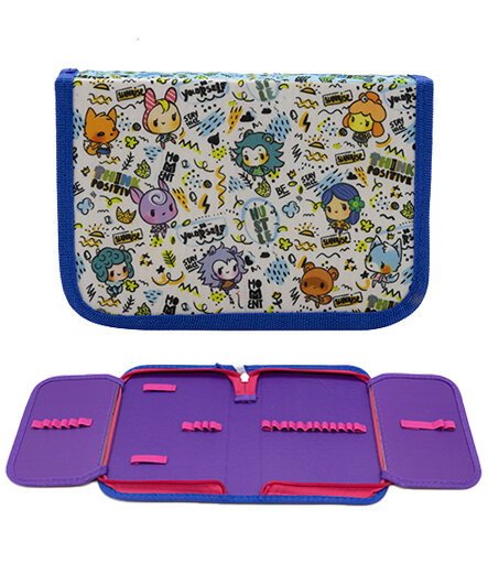 Пенал 1 отделение CI-9002 "Зверята" с 2-мя створками, текстиль, 21*14*4см, белый с рисунком