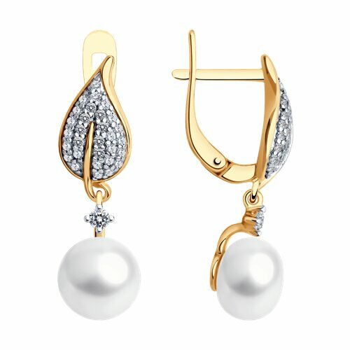 Серьги, серебро, 925 проба, золочение, фианит, жемчуг культивированный