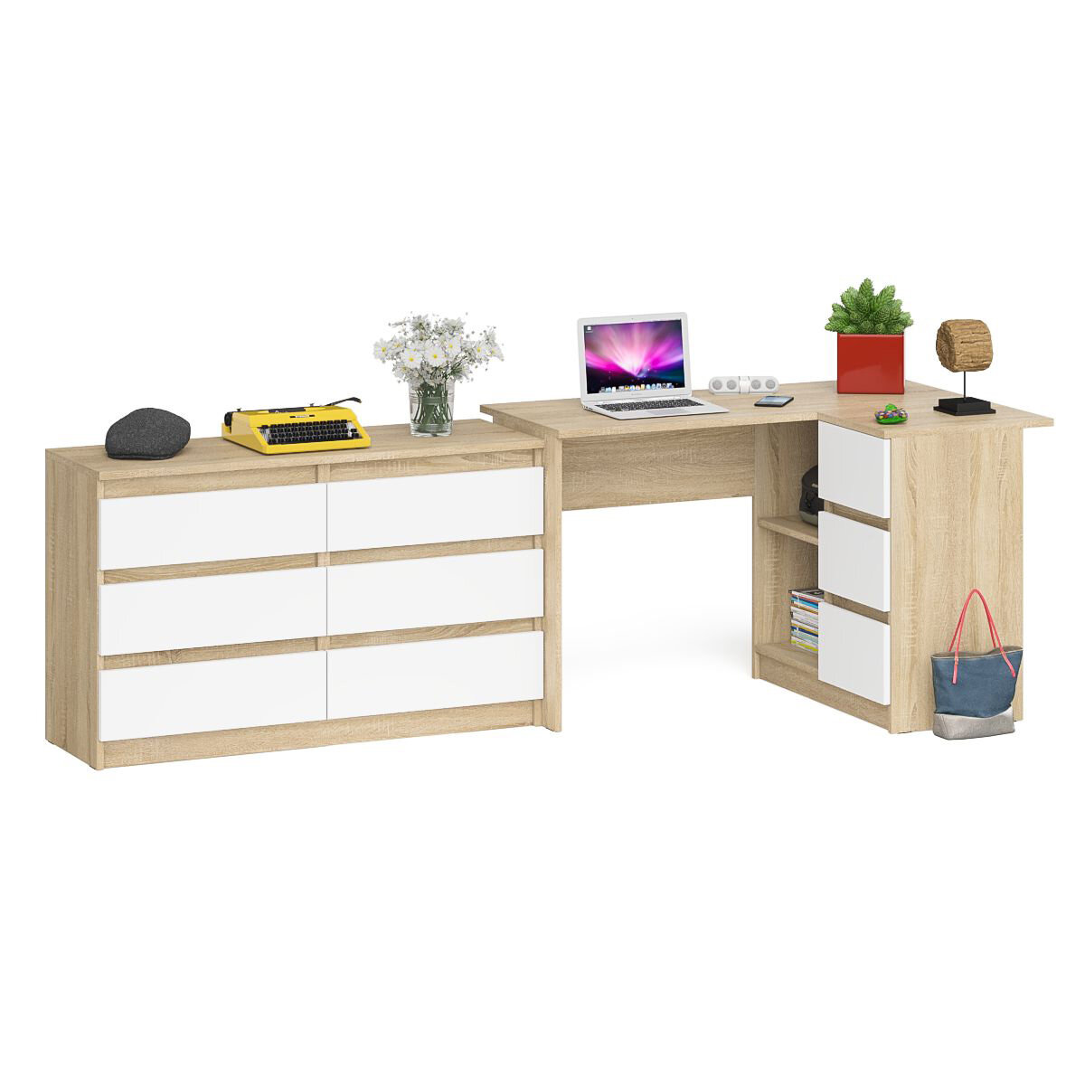 Комод СВК Мори 1200 6 ящиков и компьютерный угловой стол правый цвет дуб сонома/белый, 244,8х84,9х76,6 см.