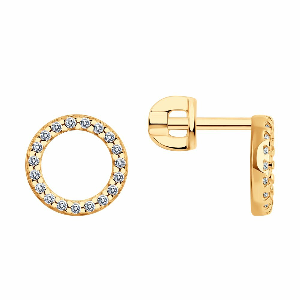Серьги пусеты, серебро, 925 проба, золочение, фианит