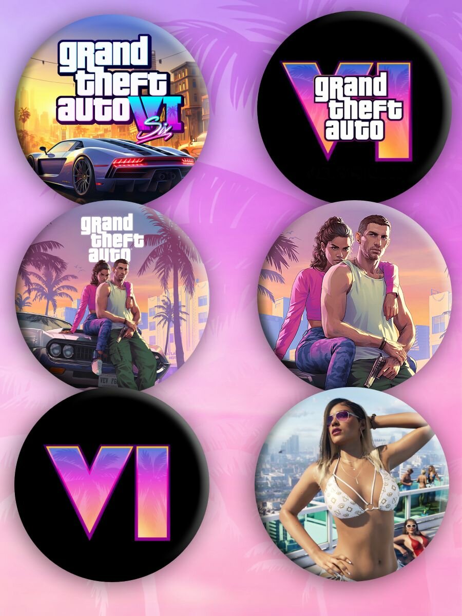 Набор значков Grand Theft Auto VI 6 шт 44 мм/ GTA 6/ГТА 6