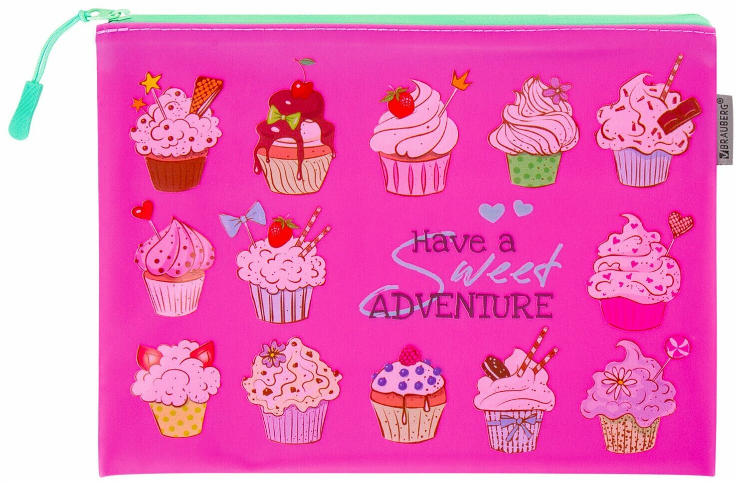 BRAUBERG Папка для тетрадей Cupcakes А5, силиконовая, водонепроницаемая молния, розовый