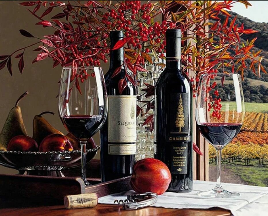 Алмазная мозаика на подрамнике / Картина стразам "Натюрморт. Вино и фрукты" 40х50 , сложность 5, цветов 24, Komas