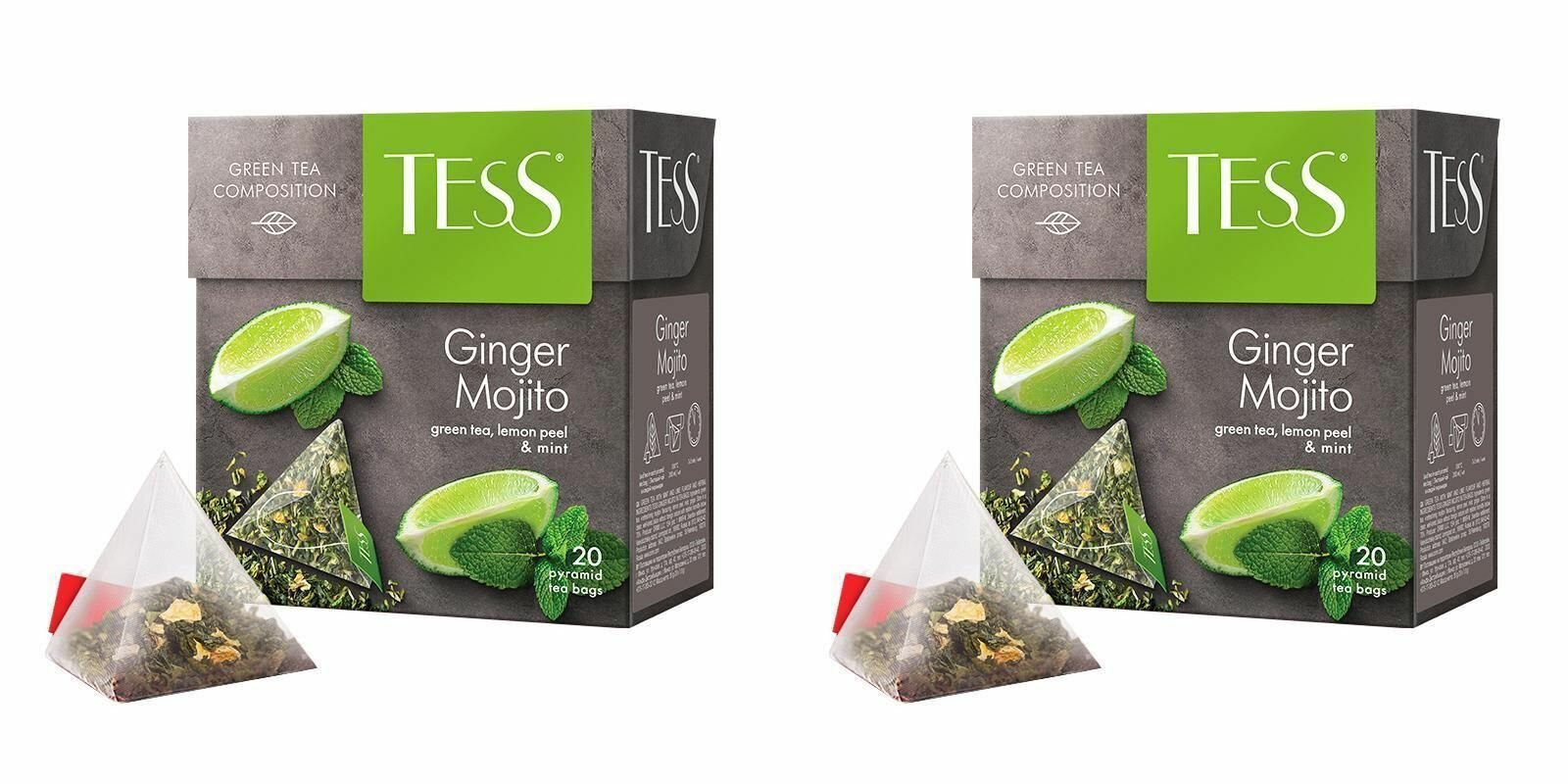 Tess Чай зеленый Ginger Mojito с цедрой лимона и мятой, 20 пирамидок по 1,8 г, 2 уп