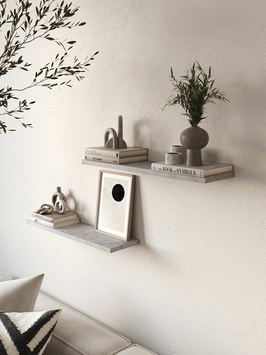 Полка настенная парящая навесная для книг и цветов, 600х150х16 мм, цвет: бетон, 2 шт