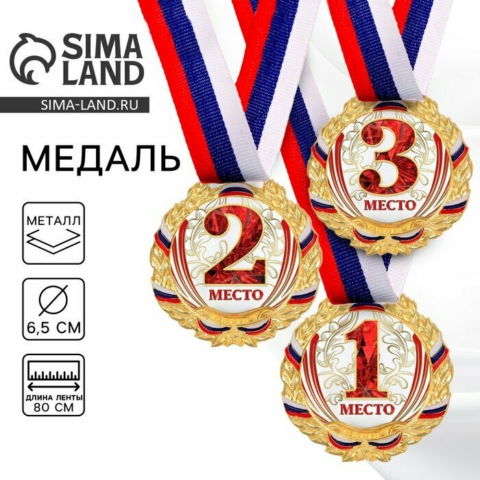 Медаль призовая 2 место золотая 075, d=6.5 см, с лентой