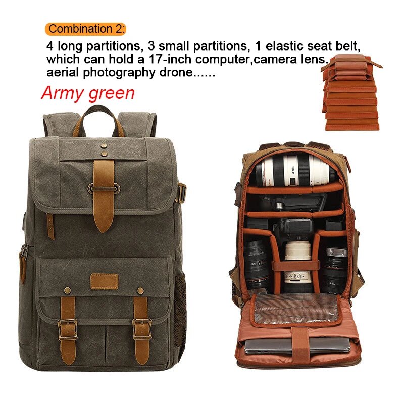Рюкзак для фотоаппарата Canon Nikon, холст, хаки Army Green 2