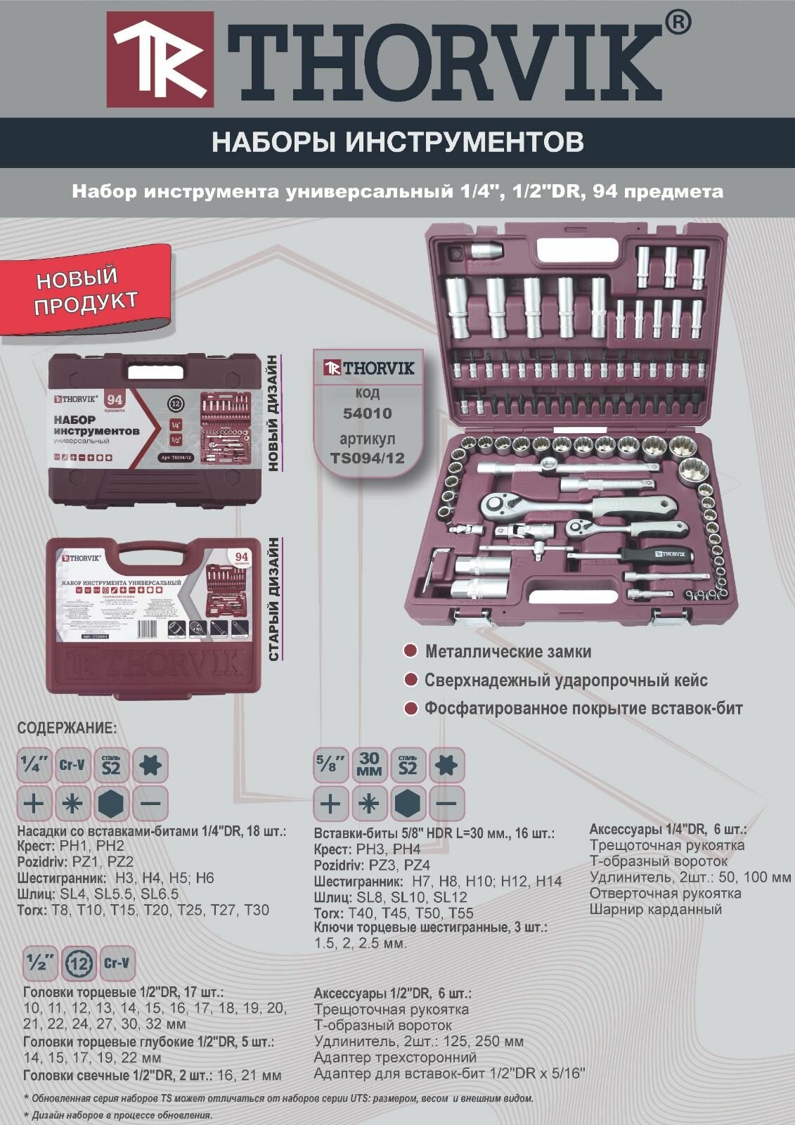 Универсальный набор инструментов для автомобиля и дома TS094/12 1/4", 1/2"DR с головками торцевыми 12-гранными, 94 предмета THORVIK