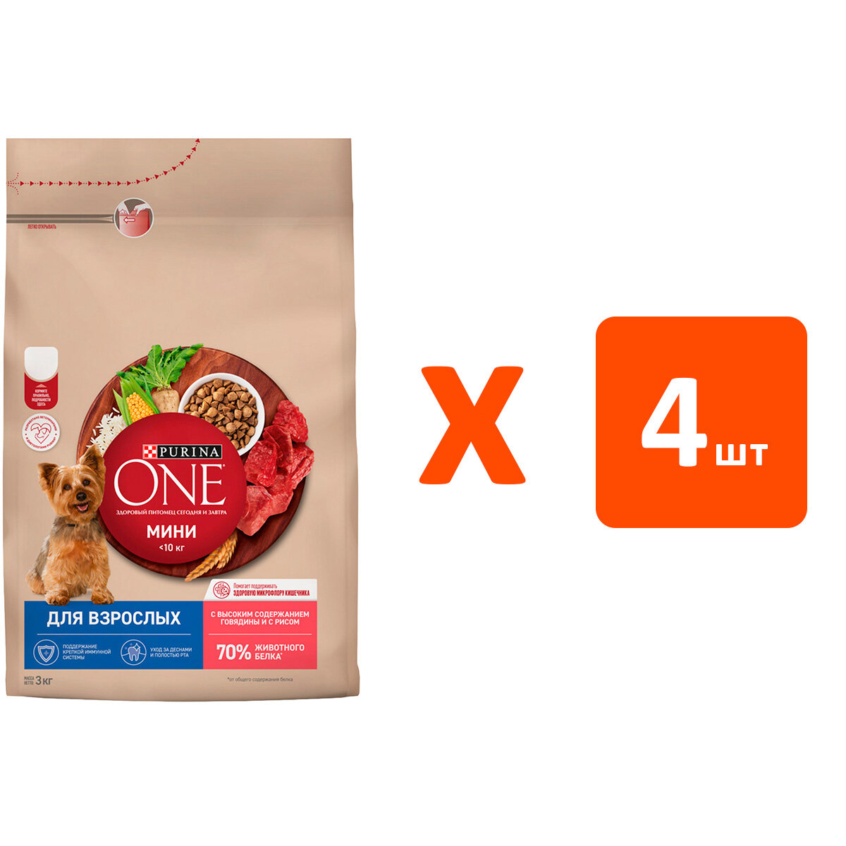 Корм сухой Purina One ADULT для взрослых собак мелких и карликовых пород, говядина и рис, 3 кг х 4 шт