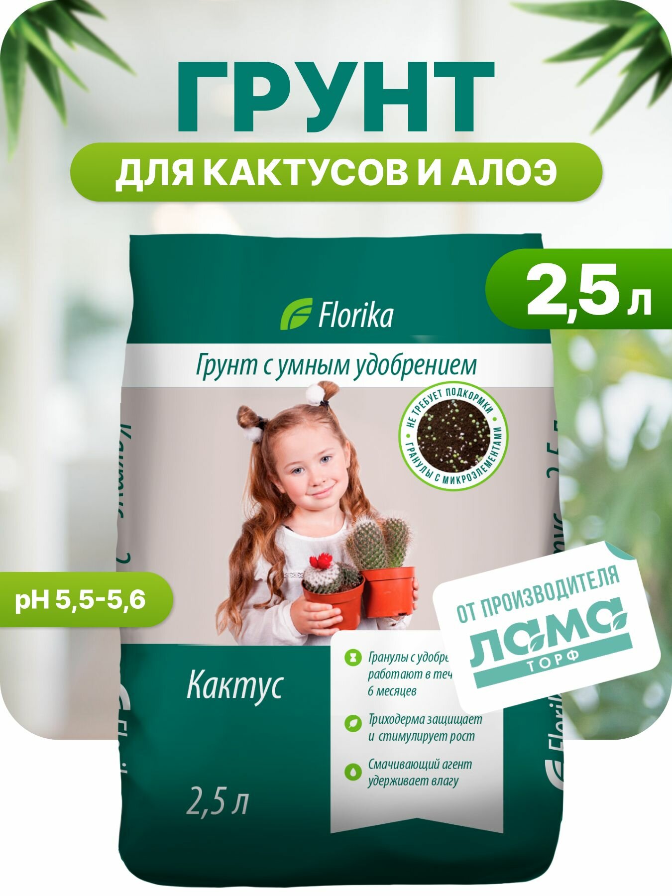 Florika / Грунт для суккулентов и алоэ, кактусов / верховой, с удобрением 2,5 л