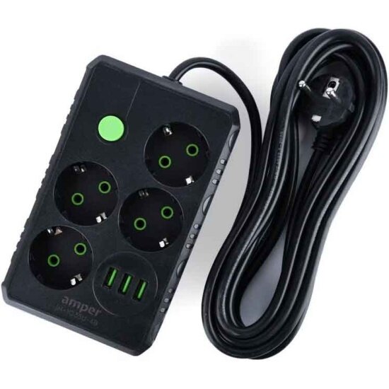 Сетевой удлинитель с USB Amper JH-1035U-4B 4 розетки, 3usb, 2500 Вт, 10А, 4,0м, черный.