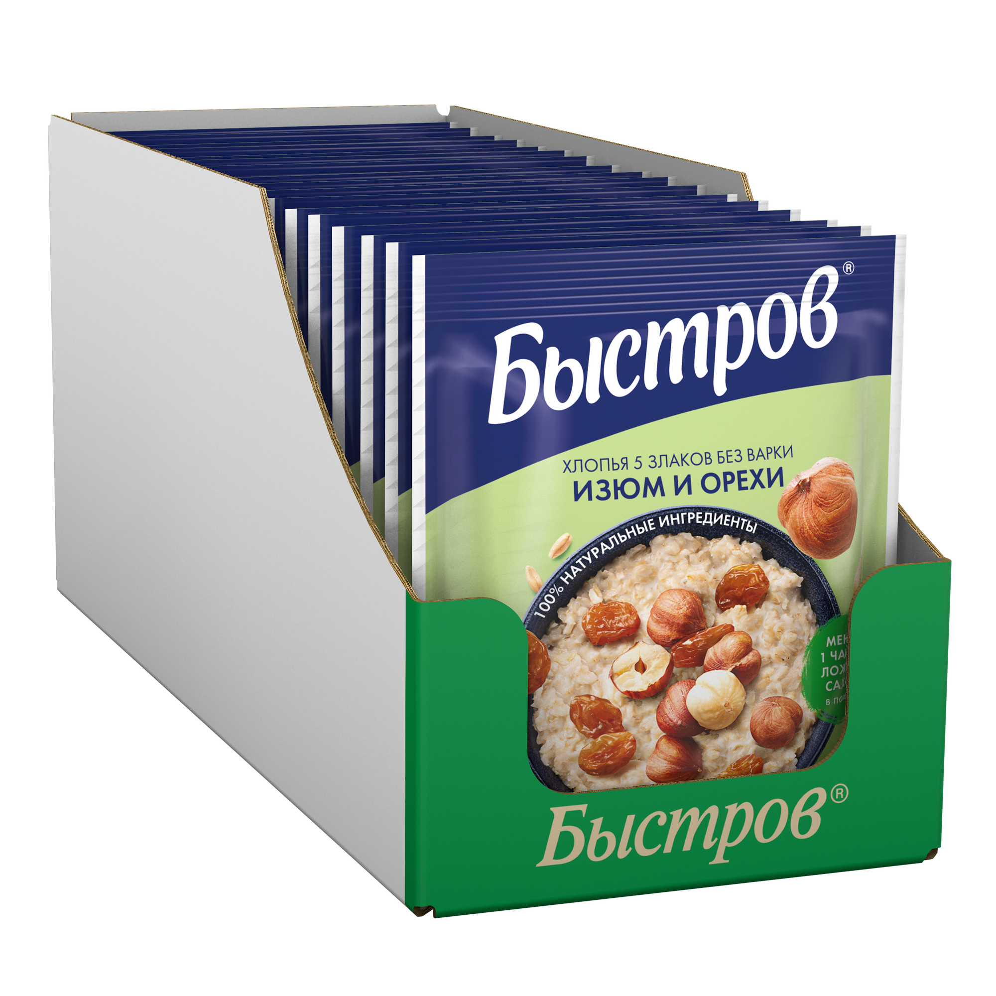 Овсяные хлопья Быстров "Изюм и Орехи", для веганов/вегетарианцев, без варки, 40 гр, 17 штук