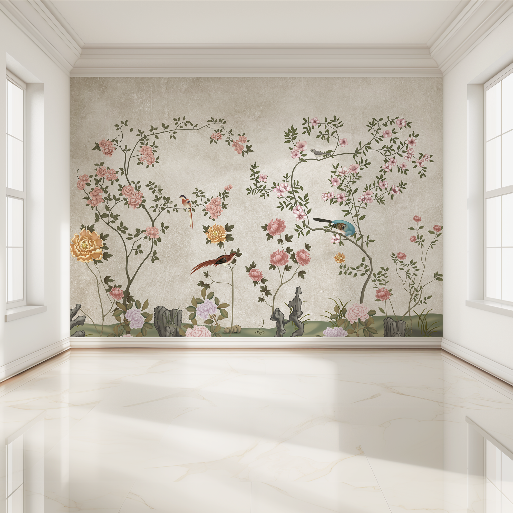 Фотообои 3д на стену "Шинуазри бежевый", флизелиновые 400х270 см на кухню, спальню, зал