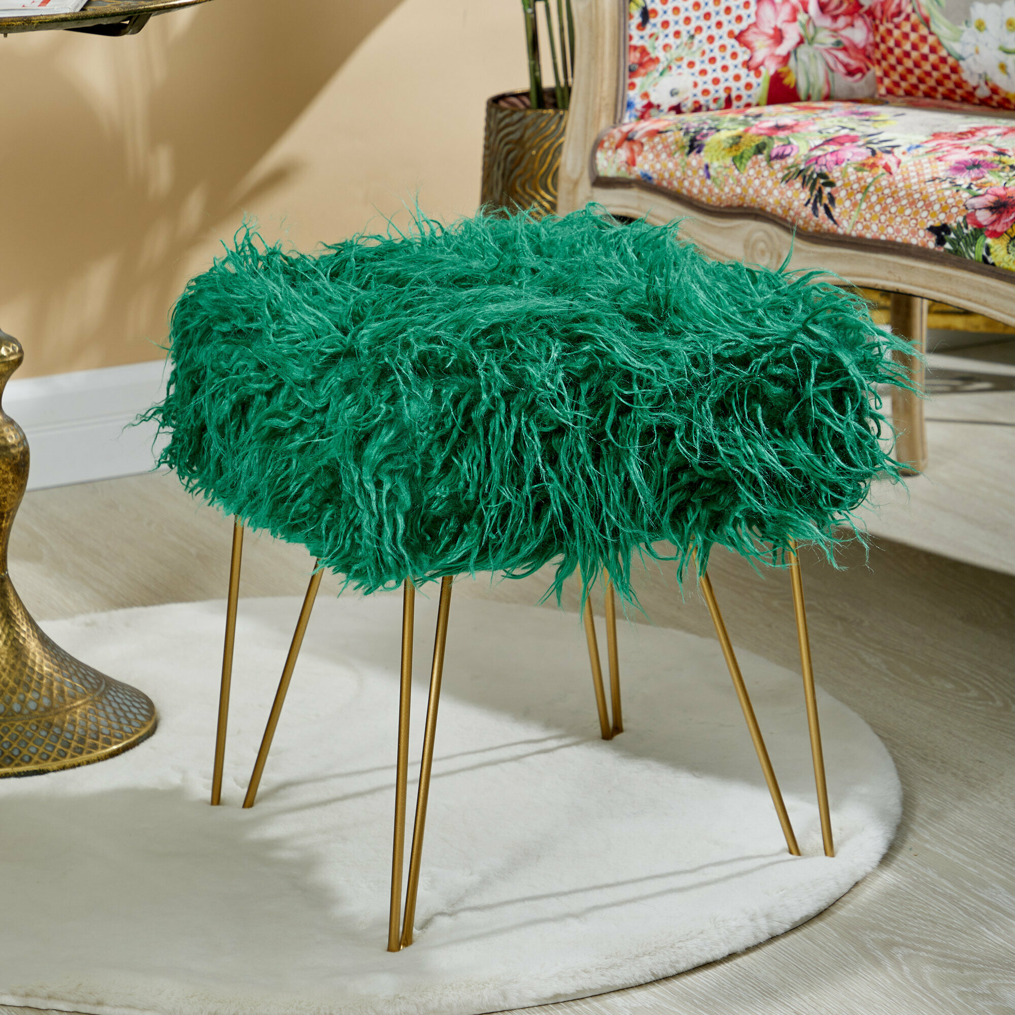 49-320 Пуф с меховым ворсом 41х41х46см, МДФ, мех, поролон, металл, Glasar