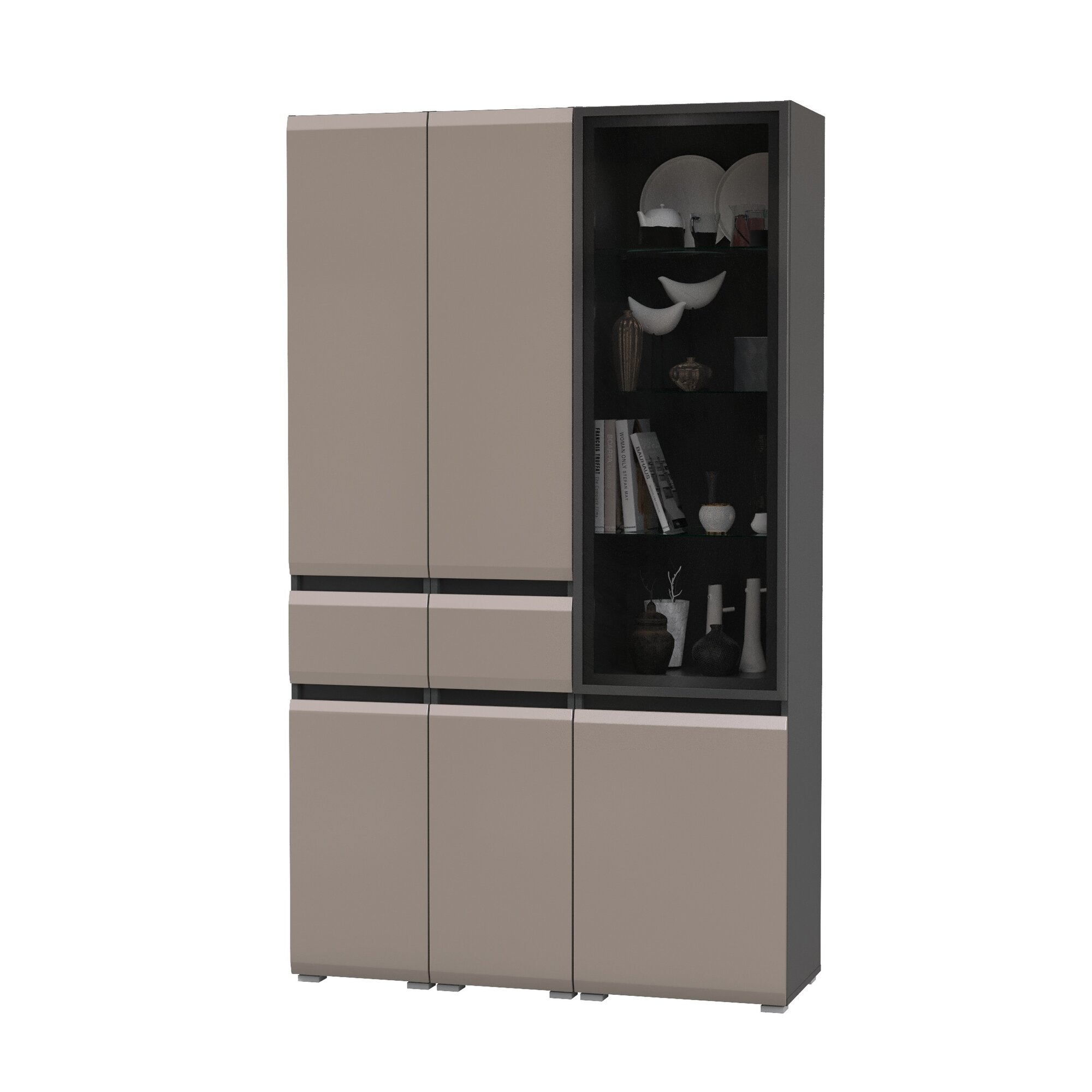 Шкаф-витрина и два шкафа-пенала Моби Сидней 13.201, цвет антрацит/веллюто капучино, 120х41,3х205,2 см.