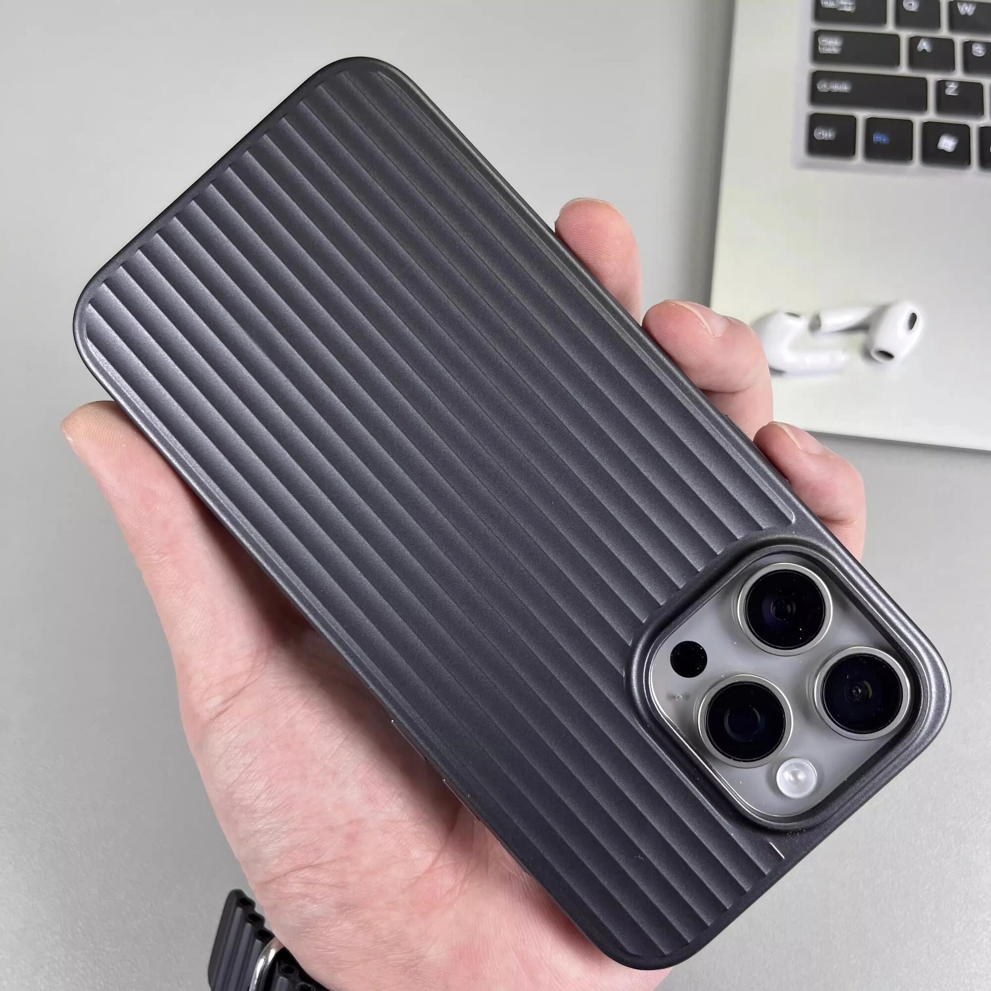 Натуральный Титановый Чехол С Полосатым Узором Для iPhone Черный, Black, For iPhone 13Pro Max