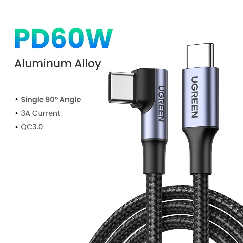 UGREEN 90-градусный кабель PD100W USB C — USB C для iPhone 17, Samsung MacBook iPad, быстрое зарядное устройство 4,0 PD, шнур для быстрой зарядки 0.5m, 60W Angle Grey