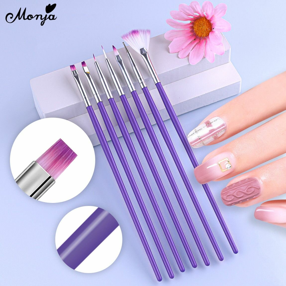 Кисти для маникюра, для дизайна ногтей, Тонкая кисть для гель лака, наращивания, Набор, 7 шт. пурпурный