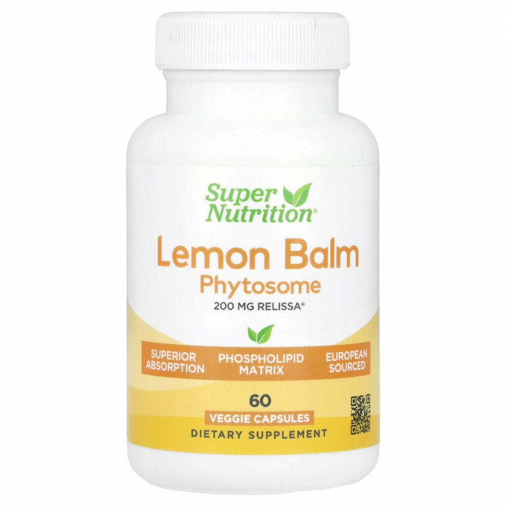 Super Nutrition, Lemon Balm Phytosome, фитосома мелиссы лекарственной с подсолнечным лецитином, 200 мг, 60 растительных капсул