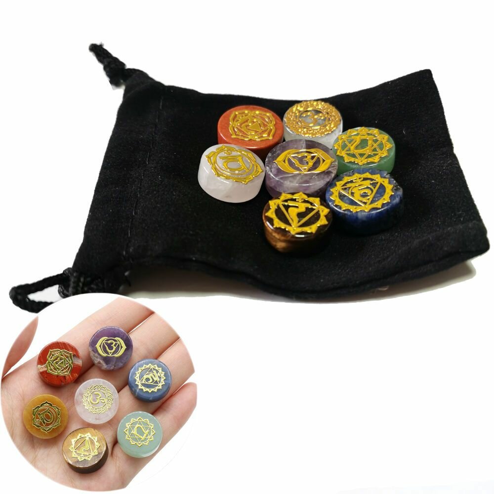 Набор из 7 натуральных полированных камней для чакр, кристаллы для медитации и энергетической практики, подарочный комплект в бархатном мешочке