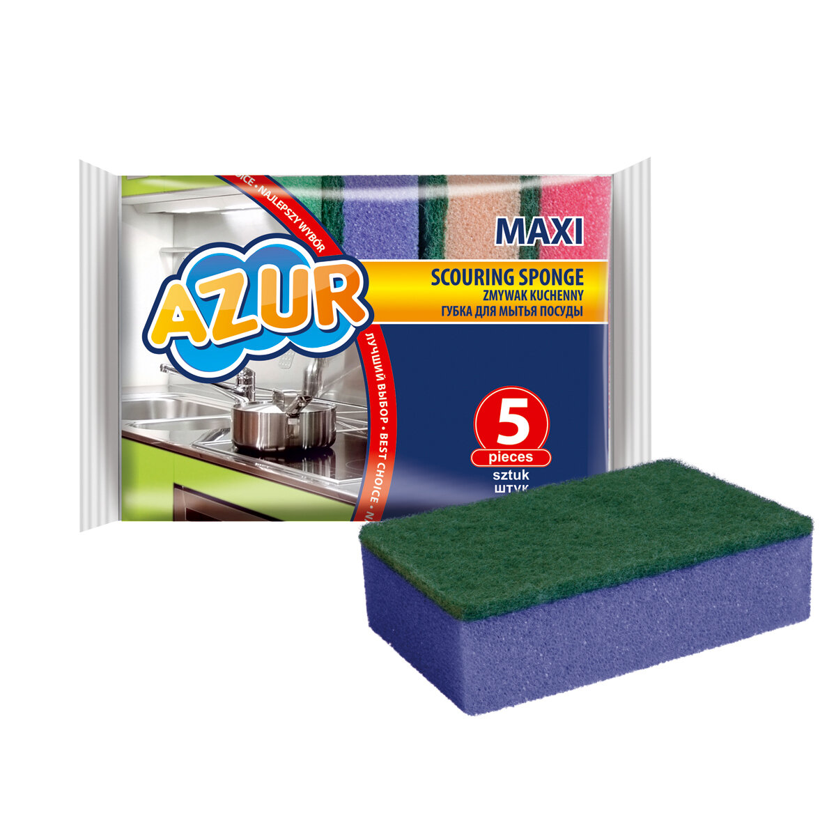 Губки для посуды "York" Азур Макси, 9,5 x 6,5 x 2,5 см, упаковка 5 шт.