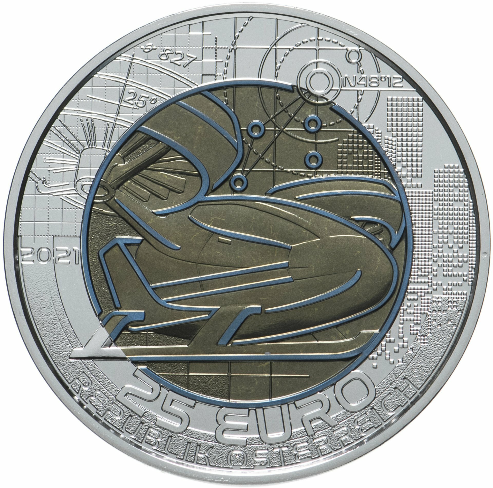 Австрия 25 евро 2021 "Умная мобильность", в футляре с сертификатом, Биметалл центр - ниобий, кольцо - серебро 900 пробы 900, в сохранности UNC