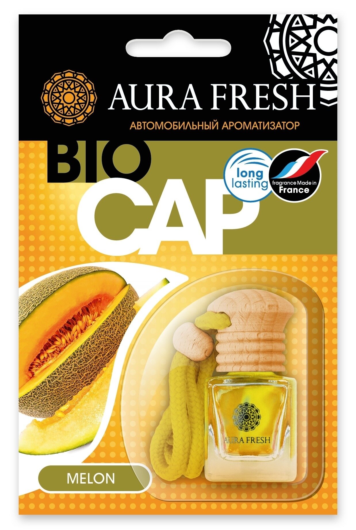 Ароматизатор автомобильный Aura Fresh / Аура Фреш Bio Cap Melon подвесной, дыня, 6мл / автотовары