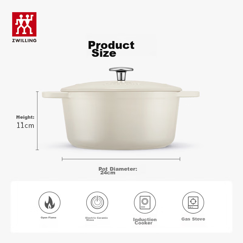 ZWILLING Enamel Cast Iron Pot, Seafood Pot, Soup Pot, Stew Pot, Low-Pressure Double-Handled Stew Pot, White, 24cm